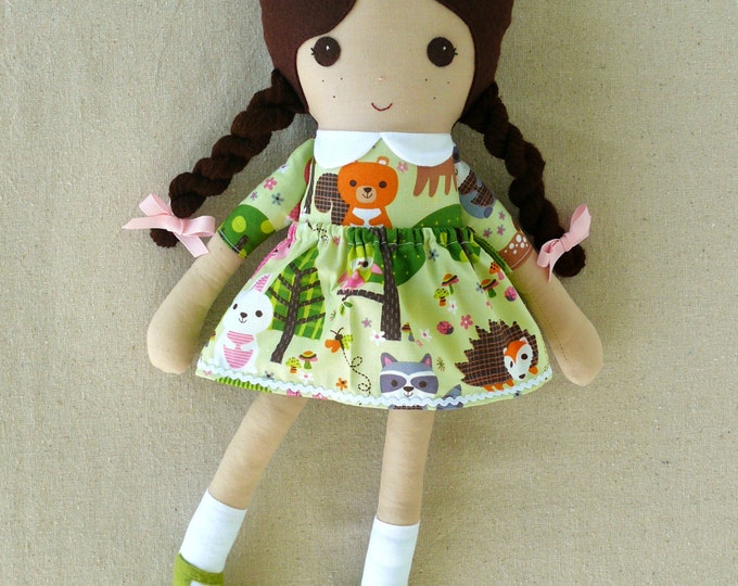 Fabric Doll Rag Doll Girl With Braids In Forest Print Dress Etsy