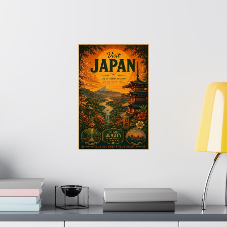 Vintage Japan Travel Poster | Mount Fuji, Pagoda, Cherry Blossoms Wall ...