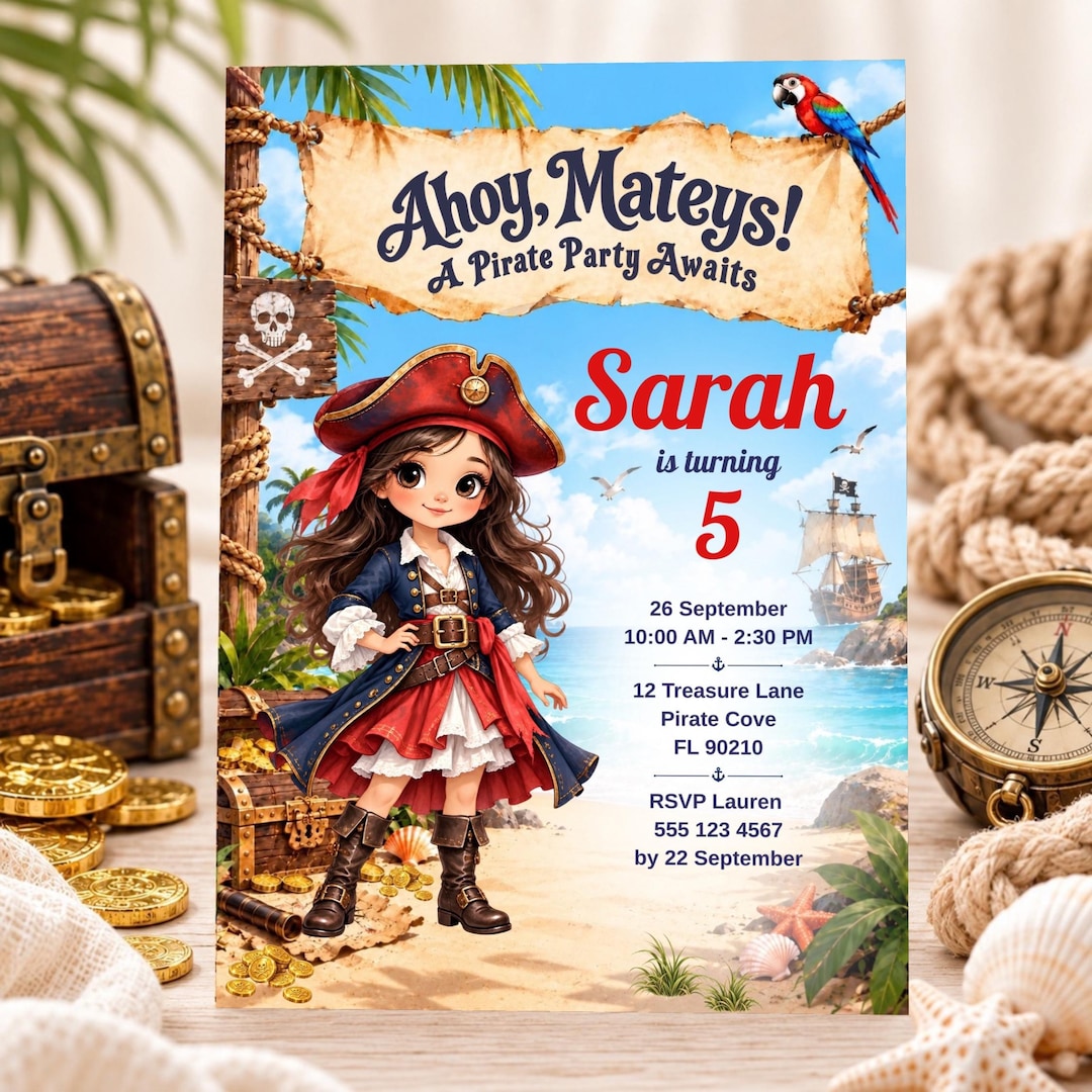 Girl Pirate Birthday Invitation, Pirate Party Invite, Treasure Hunt ...