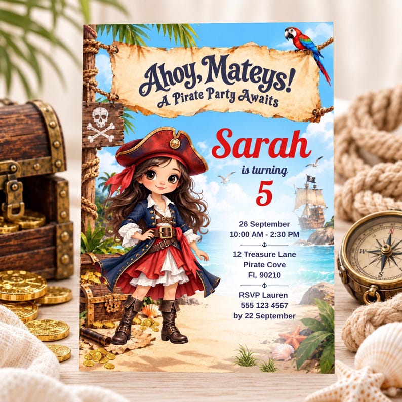Girl Pirate Birthday Invitation, Pirate Party Invite, Treasure Hunt ...