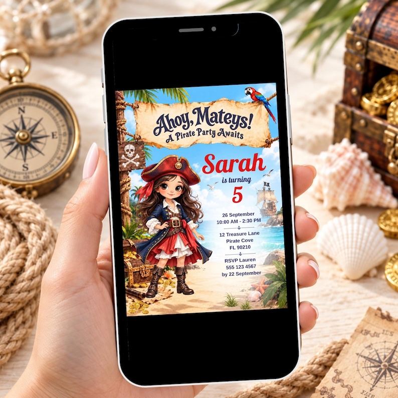 Girl Pirate Birthday Invitation, Pirate Party Invite, Treasure Hunt ...