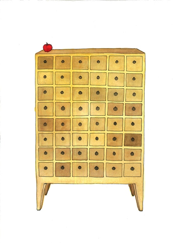 Card Catalog Original Ink and Watercolor Drawing | Etsy