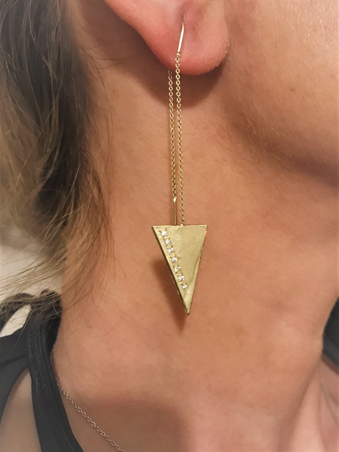 Gold Chain Threader Earring Earring, 14K Yellow Gold Triangle Handmade ...