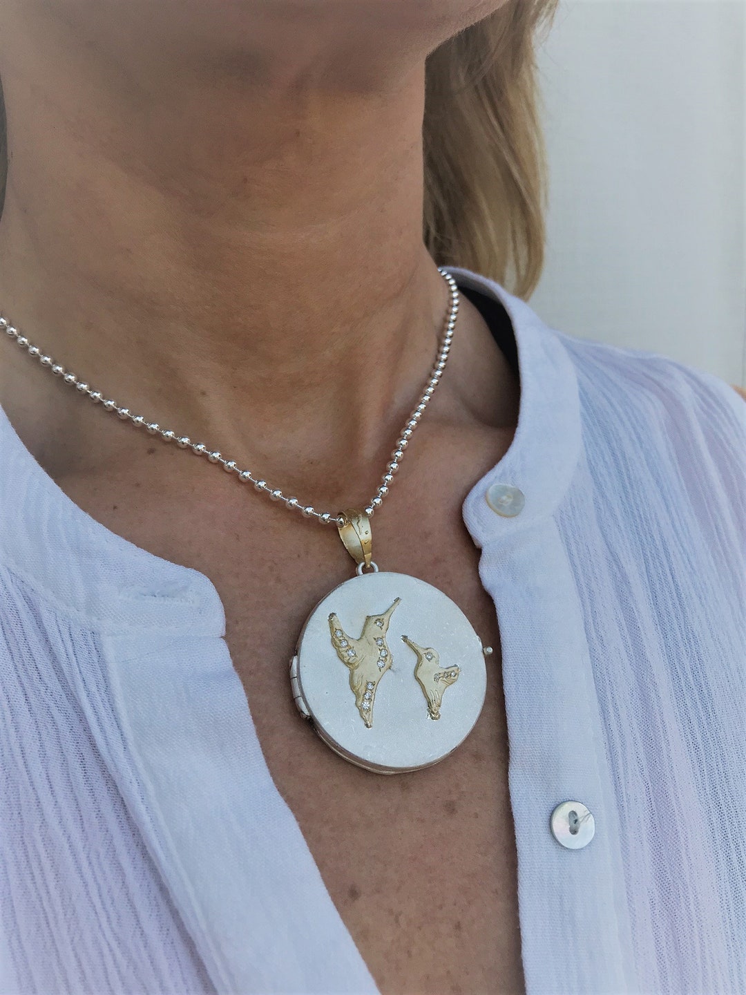 Locket, 925 Sterling Silver and 14K Gold Hummingbirds Locket Pendant ...