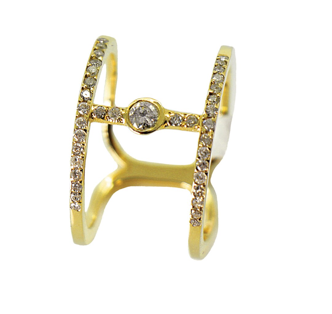 Two Row Connected Diamond Band- 14K Yellow Gold Ring With Pave Set ...