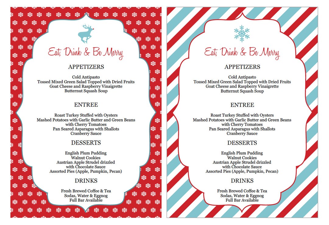 Editable, Printable Holiday Menus With Napkin Rings, Instant Download ...