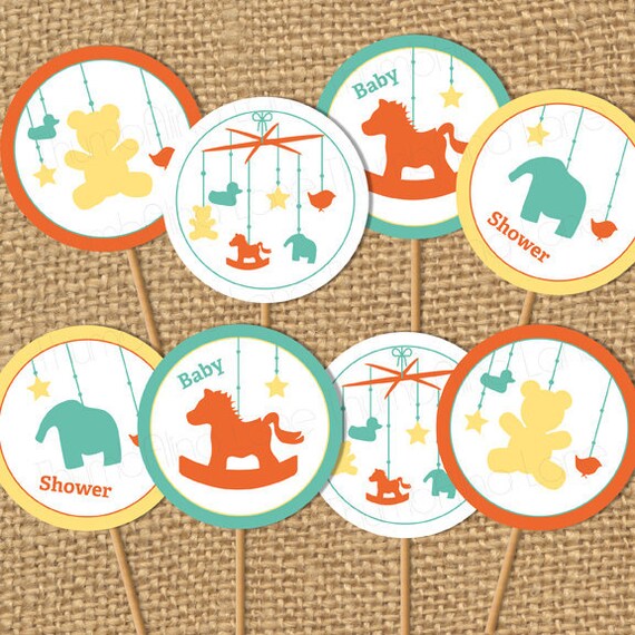 Items similar to Printable Cupcake Toppers, Baby Shower, Baby Mobile ...