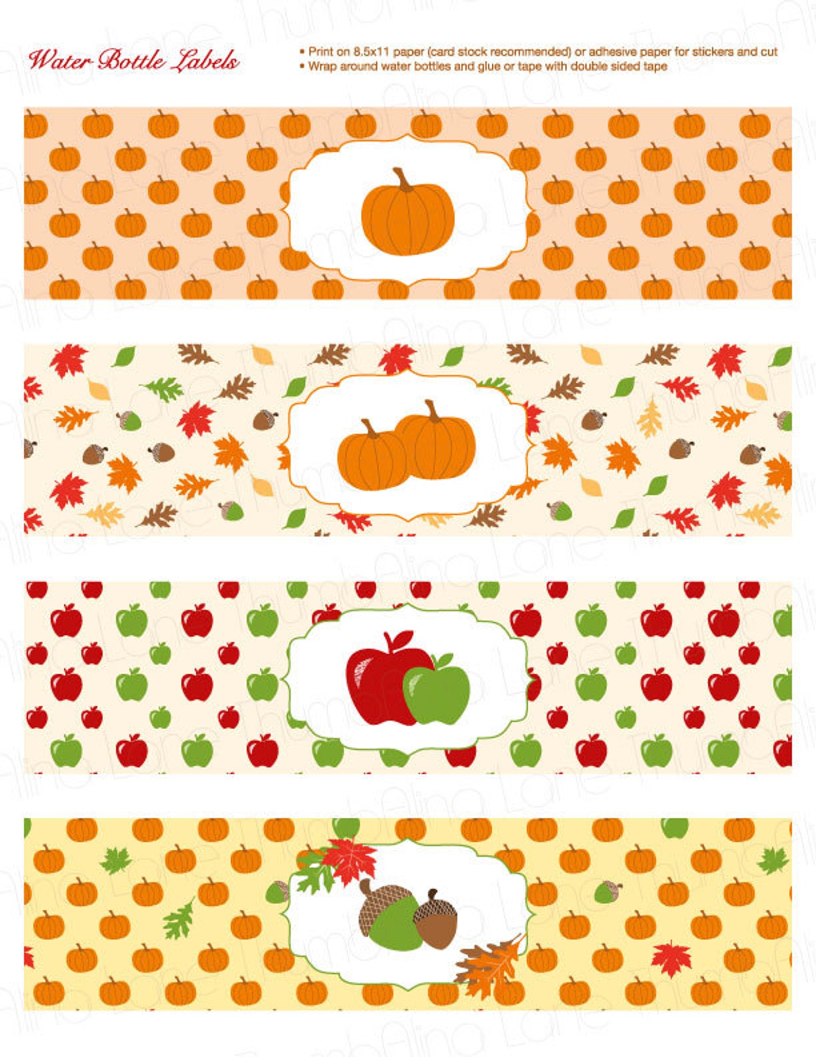 Fall Autumn Printable Water Bottle Labels, Napkin Rings, Instant ...