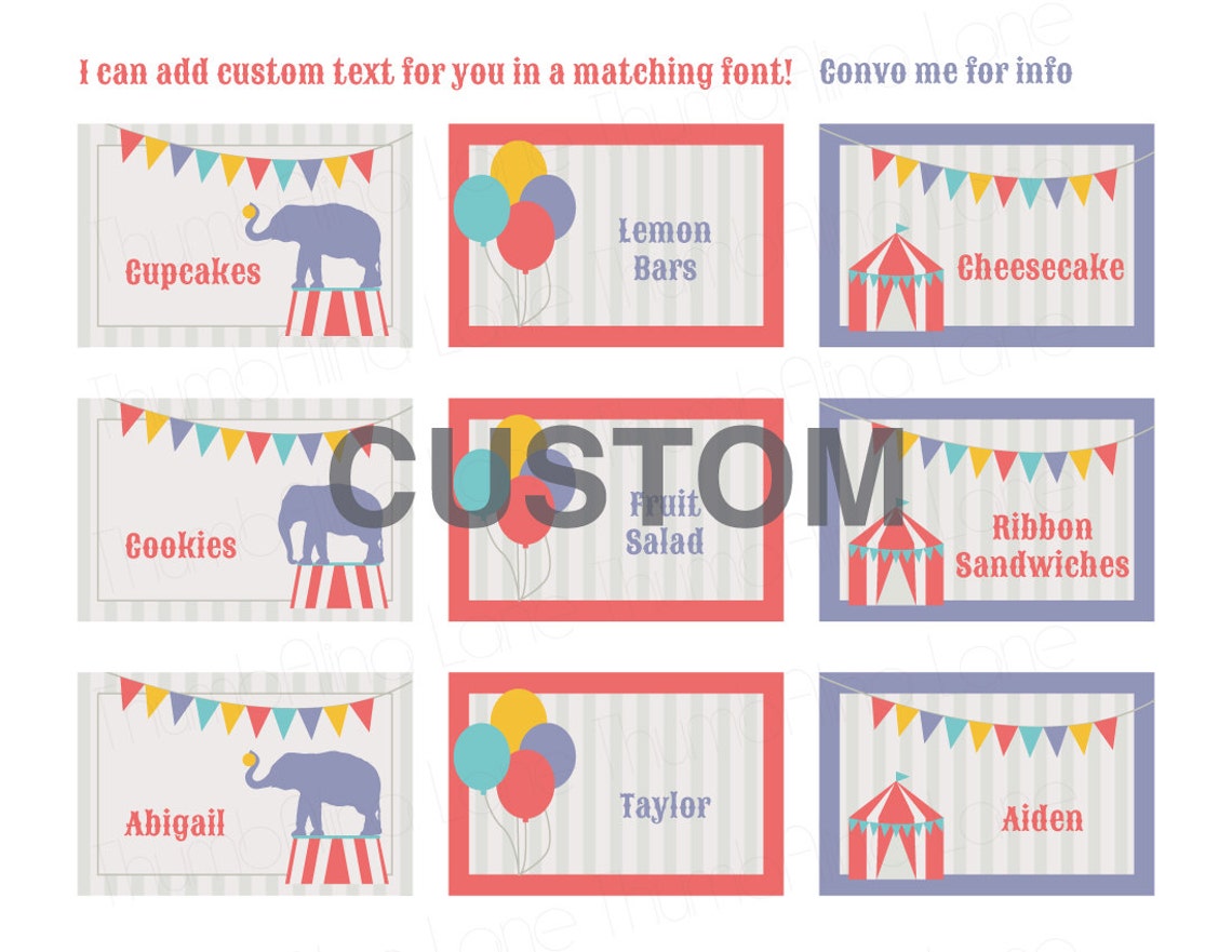 Carnival Circus Printable Buffet Cards / Name Tags, Instant Download ...