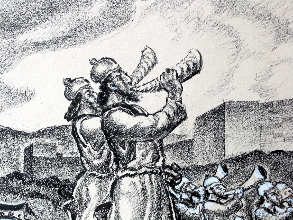 JOSHUA, Battle of Jericho, Vintage, Original Charcoal Drawing, Biblical ...
