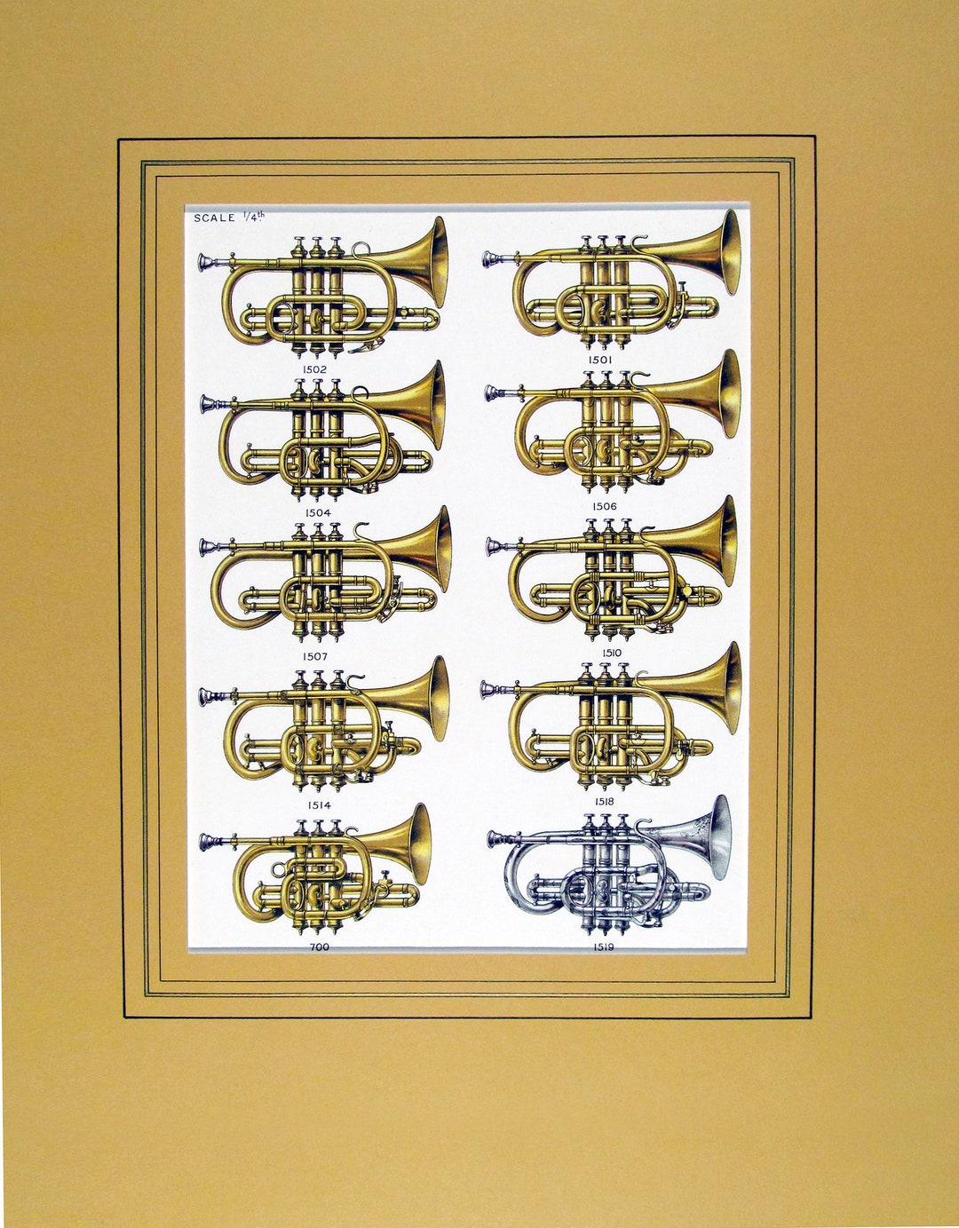 CORNETS, Brass Instruments, Vintage Music, C.1900, Acid-free Mat&mount ...