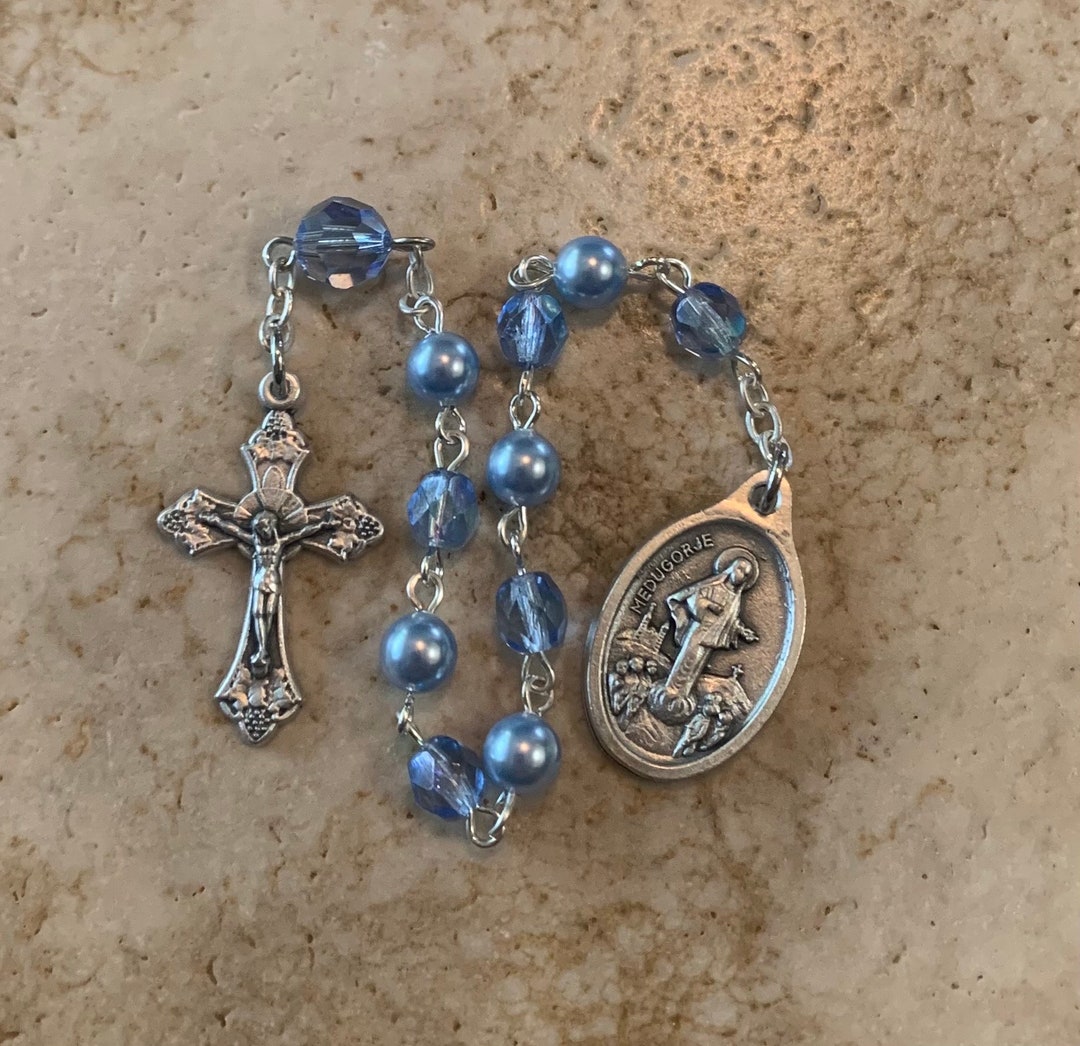 Our Lady of Medjugorje Blue Crystal and Pearl Rosary Tenner - Etsy