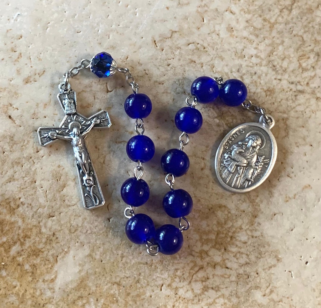 St. Agnes Blue Glass Pocket Rosary - Etsy