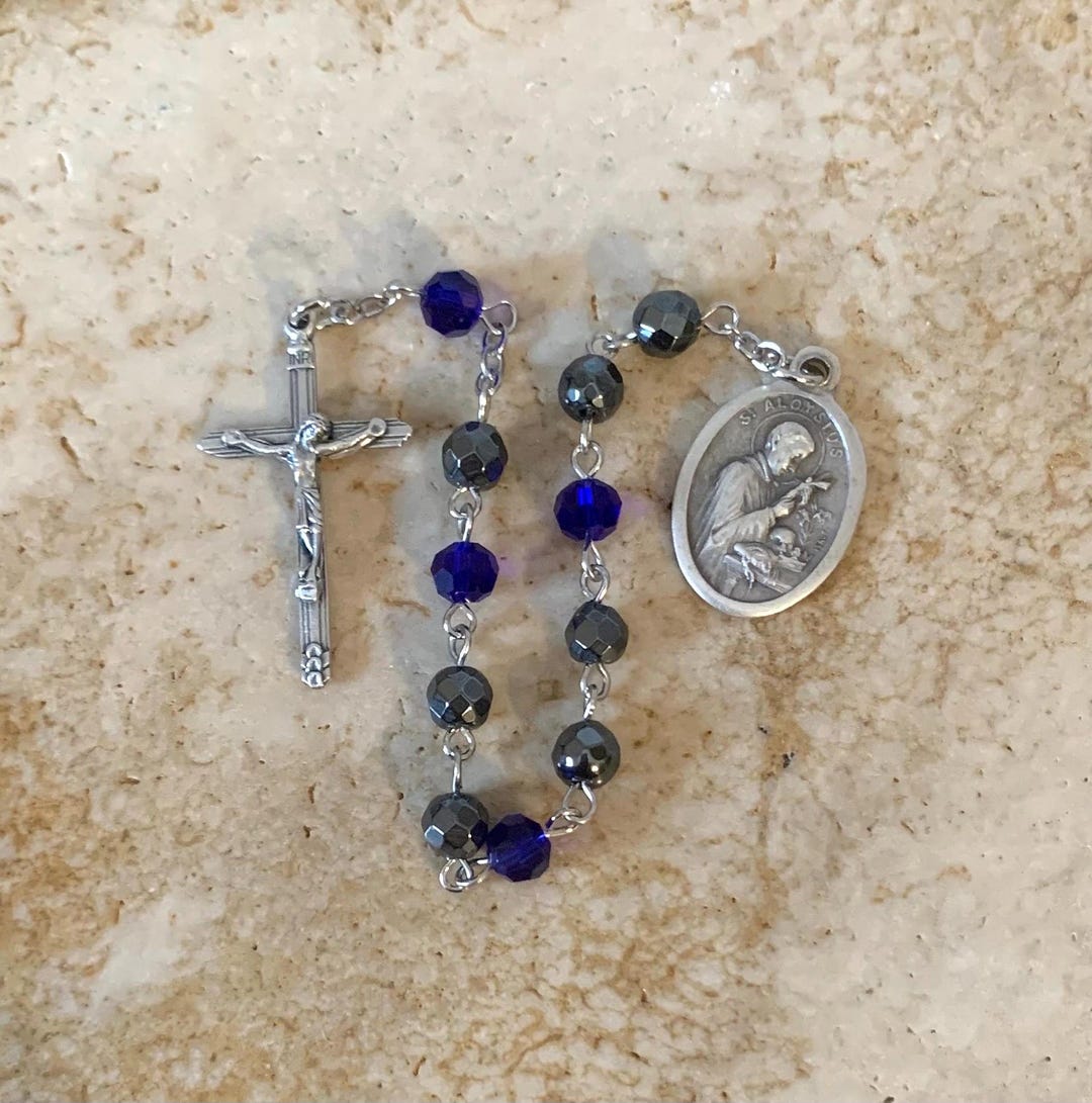 St. Aloysius De Gonza Blue Crystal and Gray Hematite Stone One-decade ...