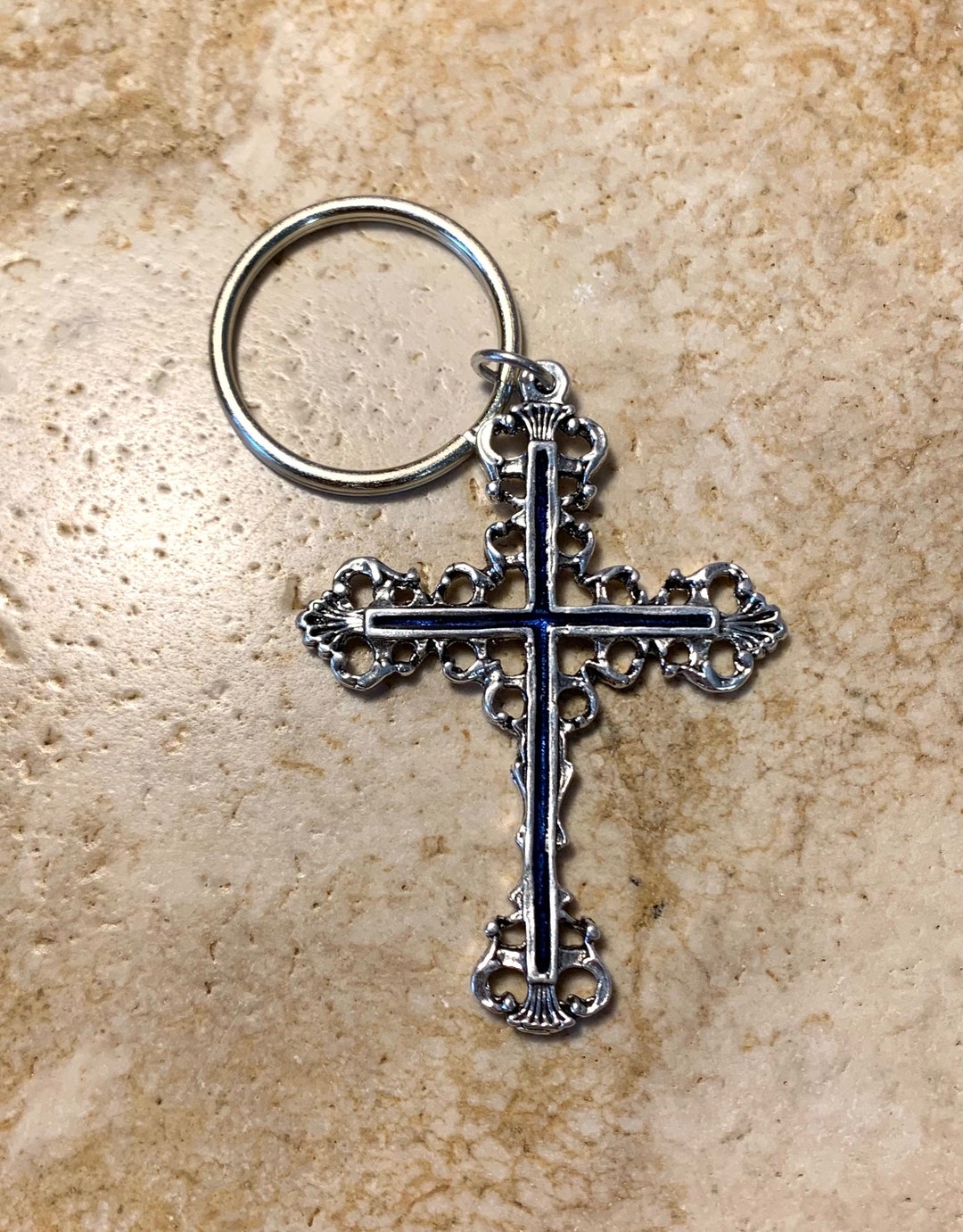 Extra Large Filigree Blue Line Crucifix Keychain - Etsy