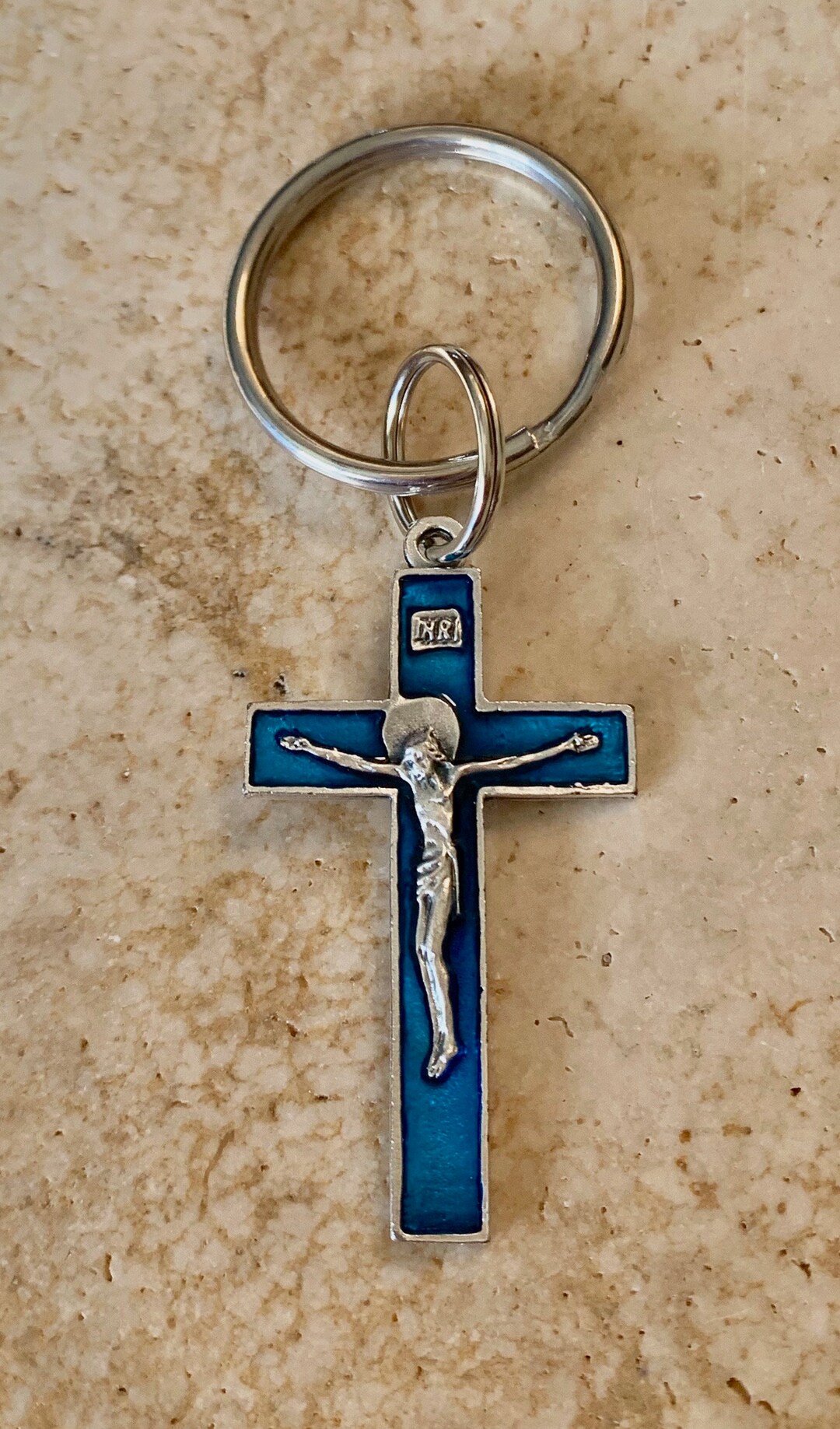 Blue Enamel Crucifix Keychain - Etsy