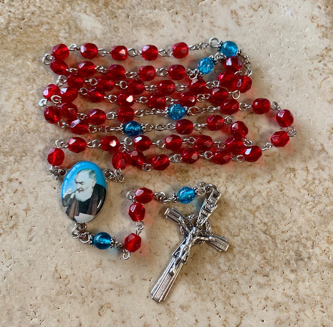 Padre Pio Red and Aquamarine Rosary - Etsy