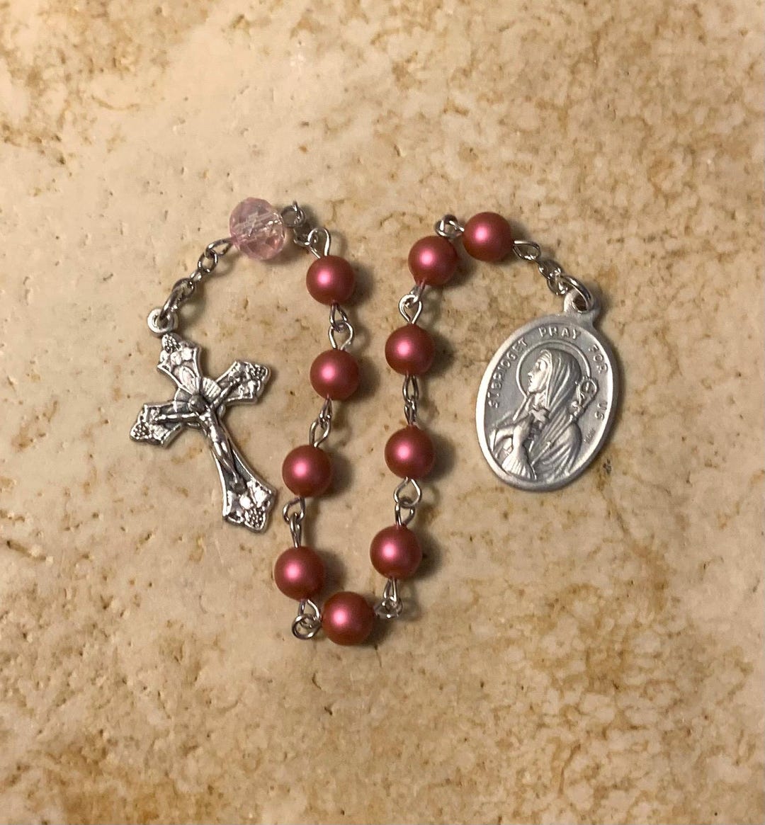 St. Bridget Pink Crystal Pearl Rosary Tenner - Etsy