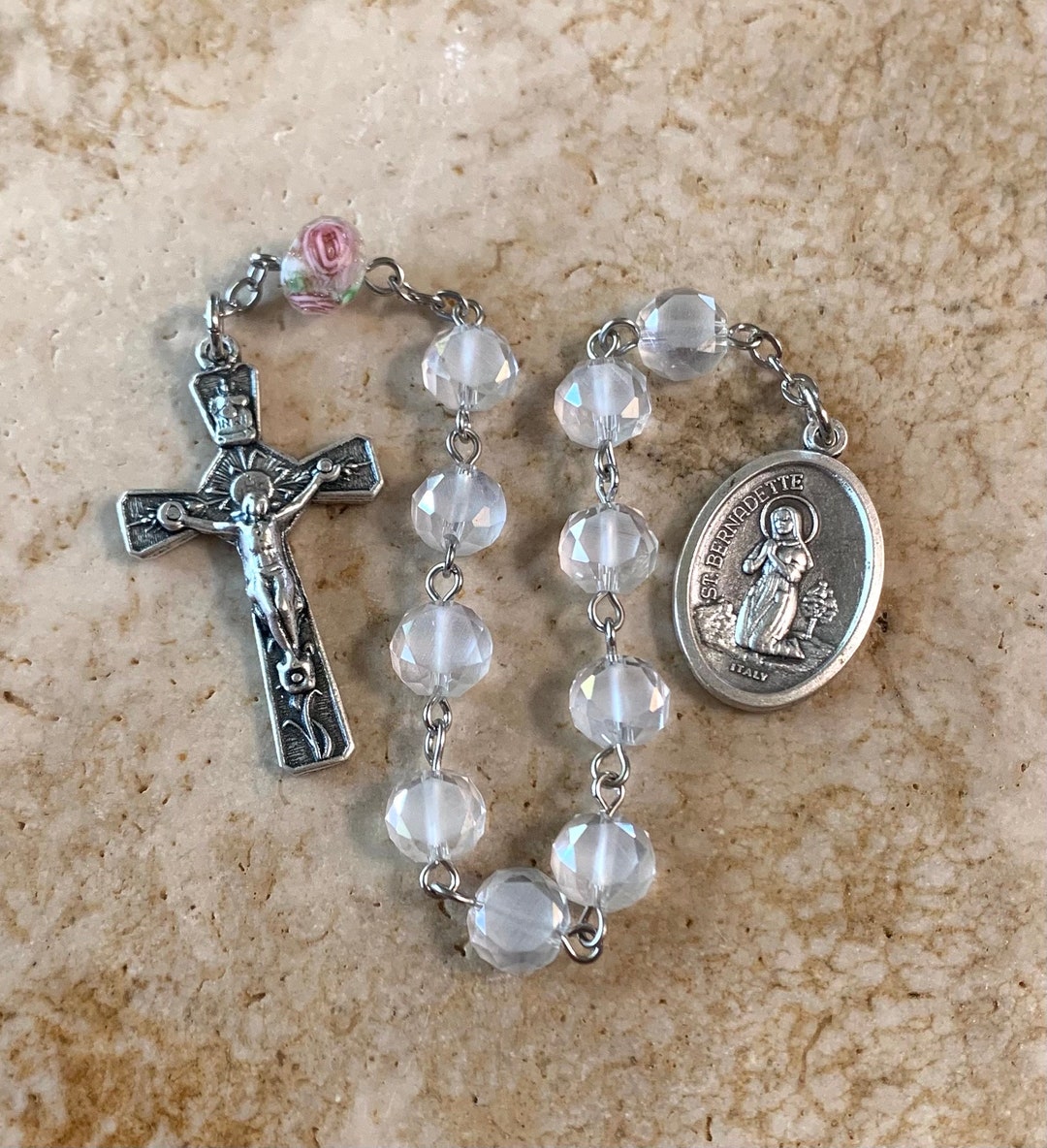 St. Bernadette/our Lady of Lourdes Pink and White Glass Rosary Tenner ...