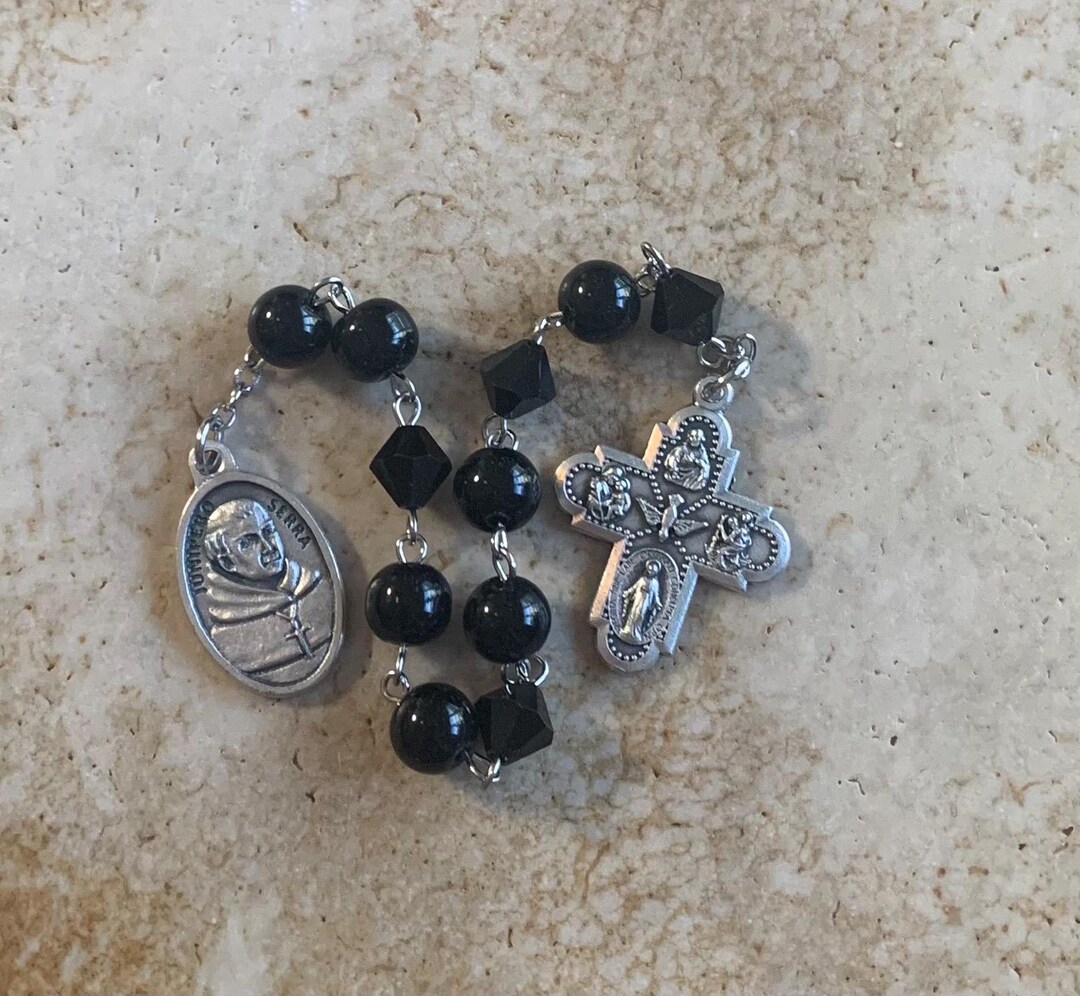 St. Junipero Serra Black Stone and Glass Rosary Tenner - Etsy