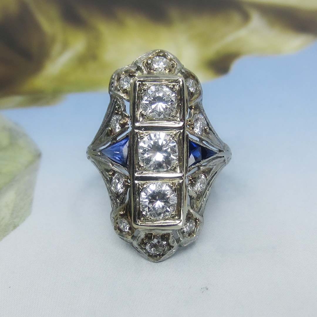 Antique Ring, Art Deco Diamond Dinner Ring Platinum C. 1940, Vintage ...