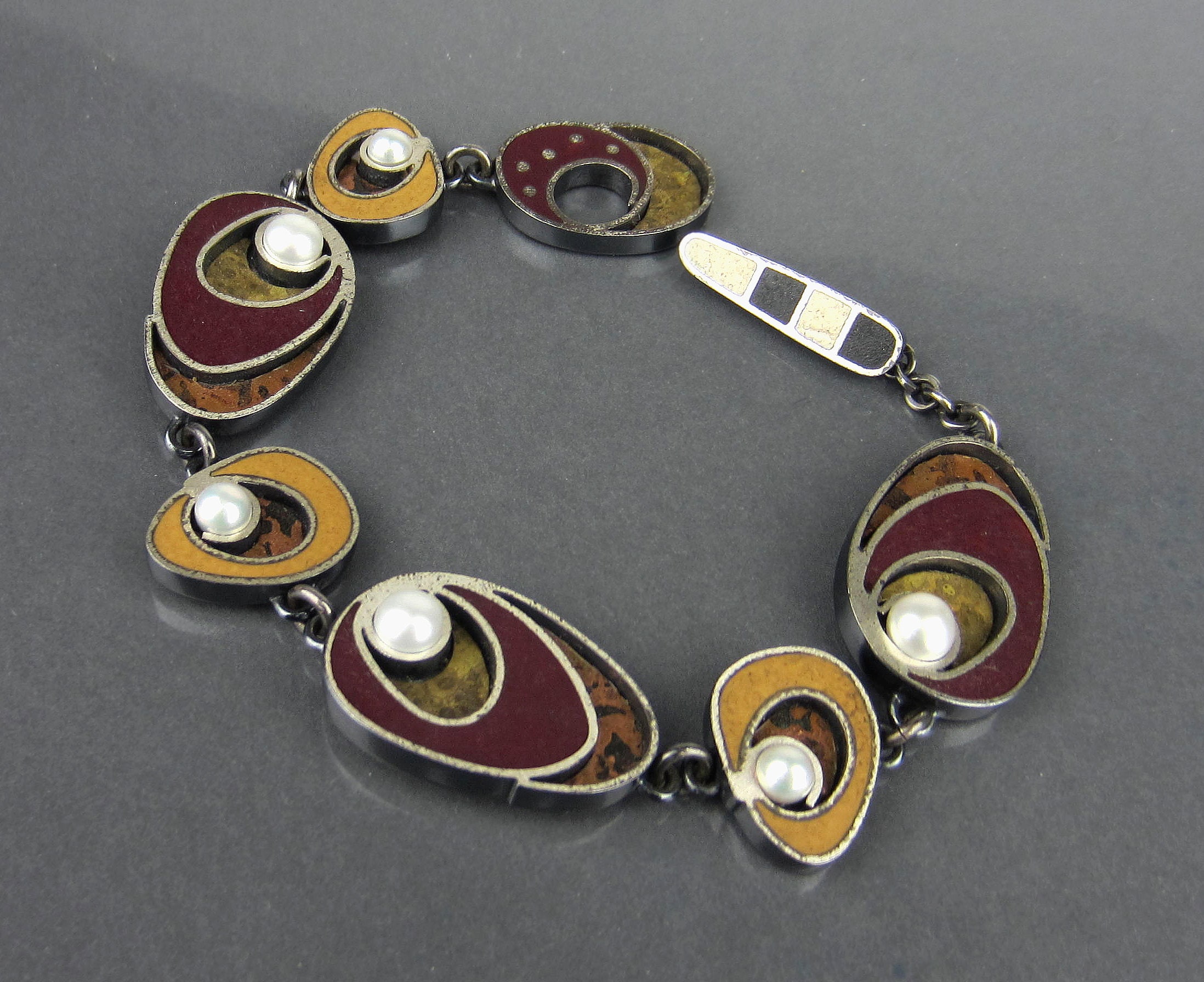 Vintage Bracelet, Post-modern Enamel and Pearl Bracelet Sterling Silver ...