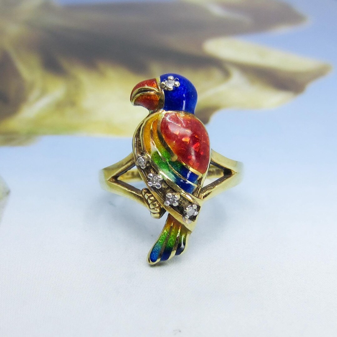 Vintage Enamel and Diamond Parrot Ring 14k C. 1980, Vintage Bird Ring ...