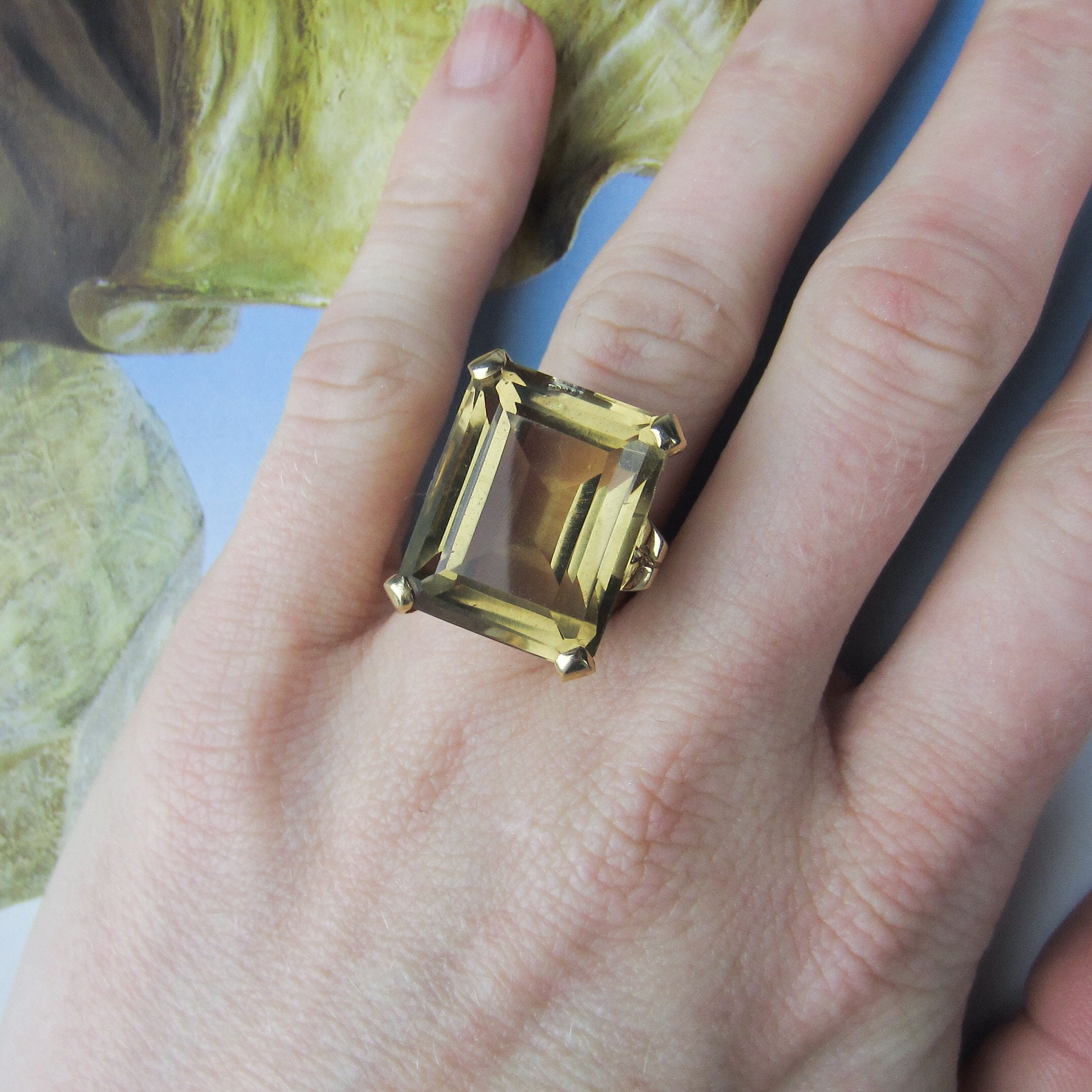 Vintage Ring, Glam Mid-century Step Cut Citrine Cocktail Ring 14k C ...