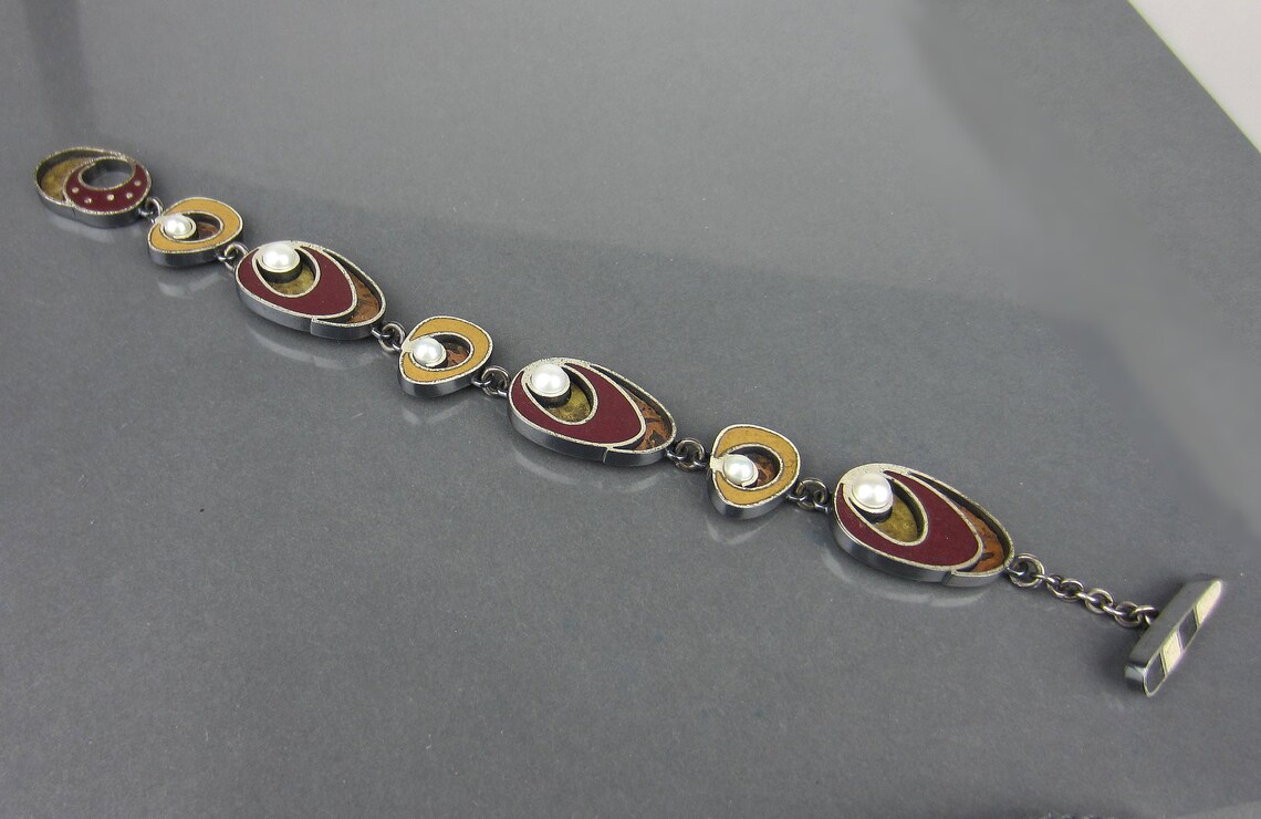 Vintage Bracelet, Post-modern Enamel and Pearl Bracelet Sterling Silver ...