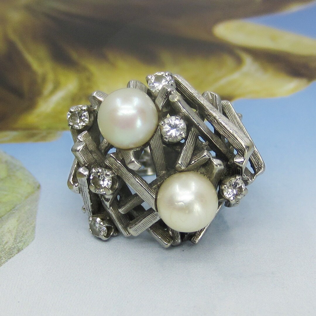 Vintage Ring, Vintage Brutalist Diamond and Pearl Ring 14k C. 1970 ...