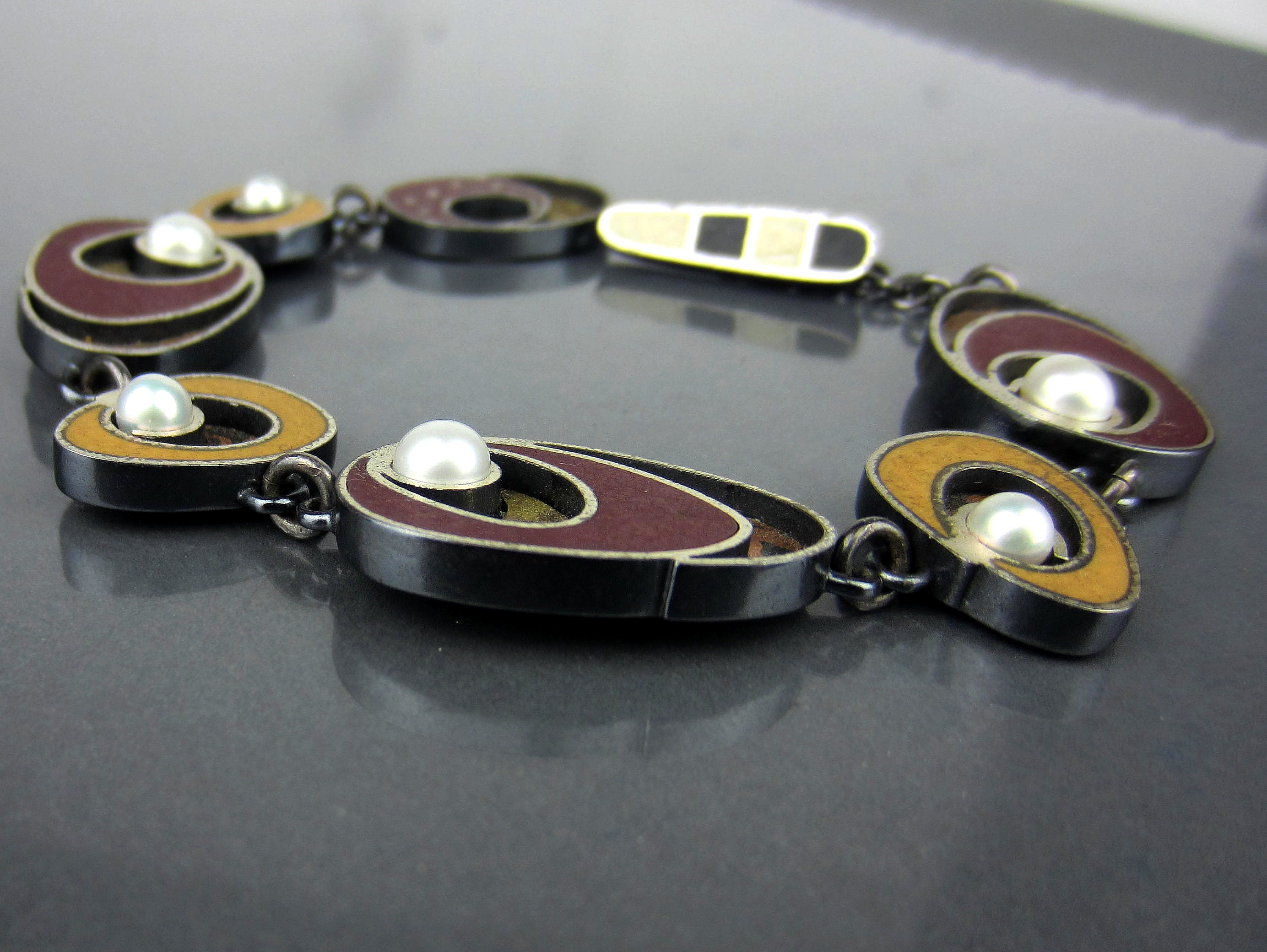 Vintage Bracelet, Post-modern Enamel and Pearl Bracelet Sterling Silver ...