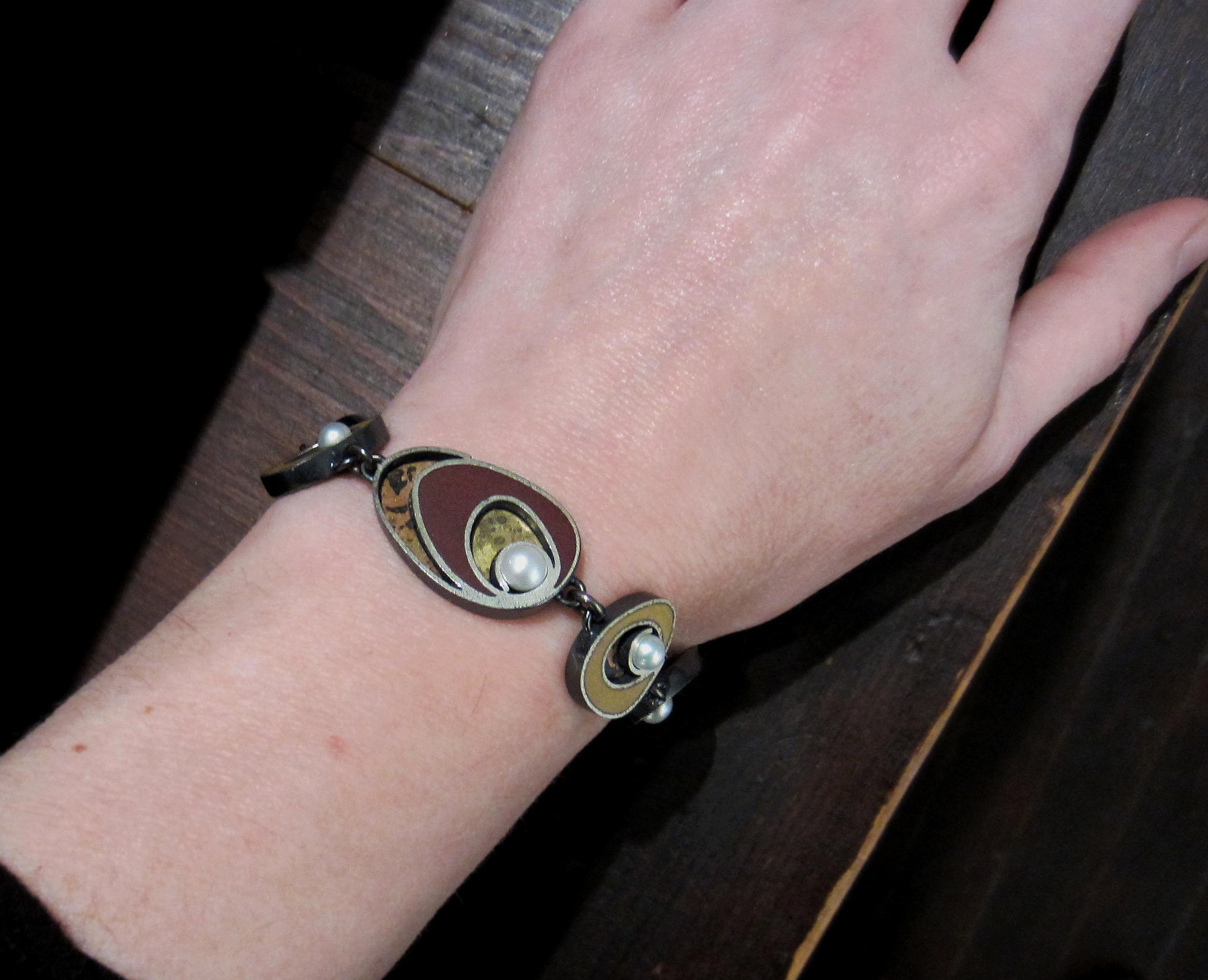 Vintage Bracelet, Post-modern Enamel and Pearl Bracelet Sterling Silver ...