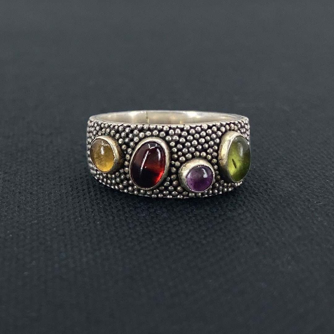 Vintage Ring, Post Modern Multi-stone Granulated Band Sterling C. 1990 ...