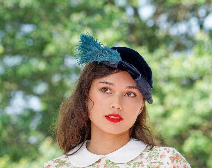 Vintage Feather Mini Cartwheel Hat, Tilt Hat, 1940s Hat, Vintage Hat ...
