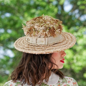 Vintage Straw Floral Boater Hat, Wide Brim Hat, 1950s-60s Hat, Vintage ...