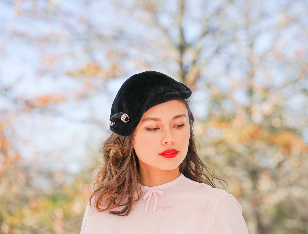 Vintage Velour Half Hat Rhinestones, Vintage Hat, 1940s-50s Hat ...