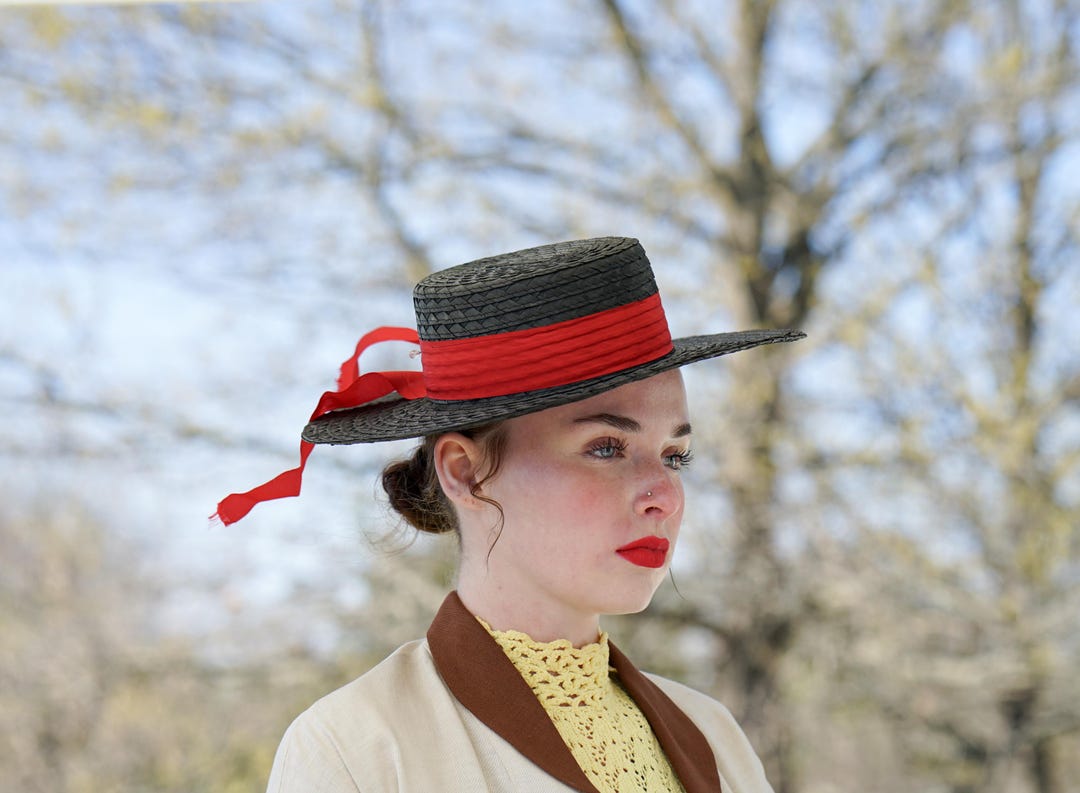 Vintage Italy Straw Raffia Boater Hat, 1940s-50s Hat, Vintage Women Hat ...