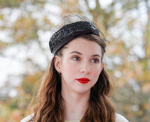Vintage Sequin Bead Pillbox Hat with Veil, Vintage Ha… - Gem