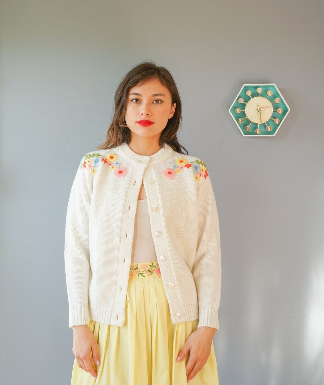 Vintage 1950s Embroidery Cardigan Size M, Women Sweater, 1950s Sweater ...