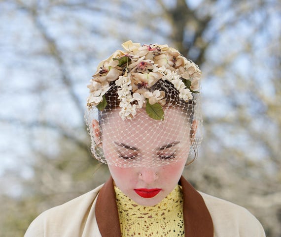 Vintage Floral Veil, Whimsy Hat, 1950s Hat, Birdcage … - Gem