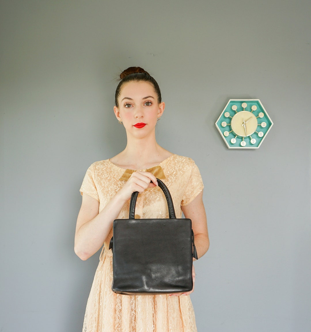 Vintage Leather Purse/ Leather Tote Bag/ 1950s-60s Purse/ Vintage Purse ...