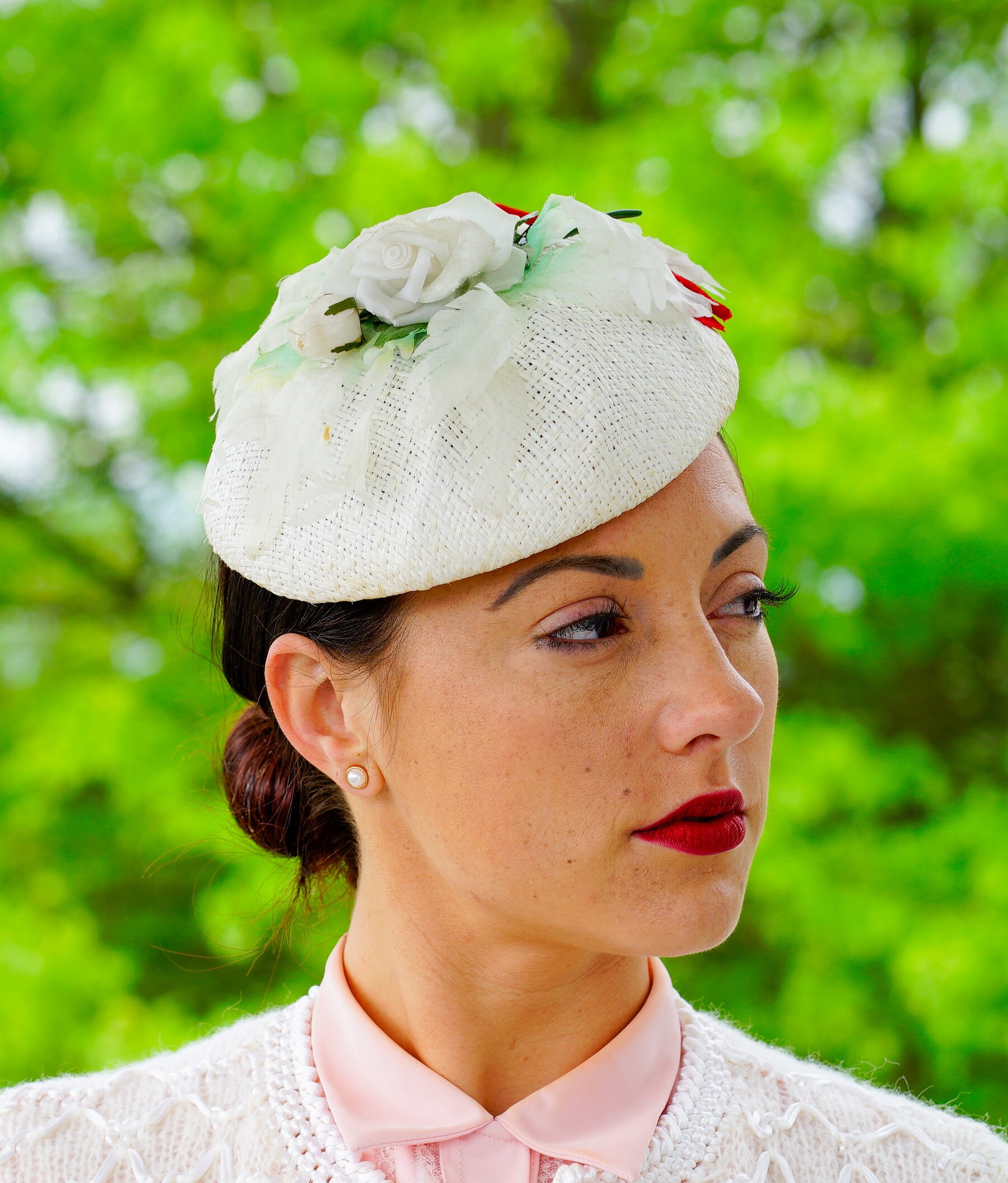 Vintage Floral Half Hat-1950s Floral Half Hat-Mid Century Straw Half ...