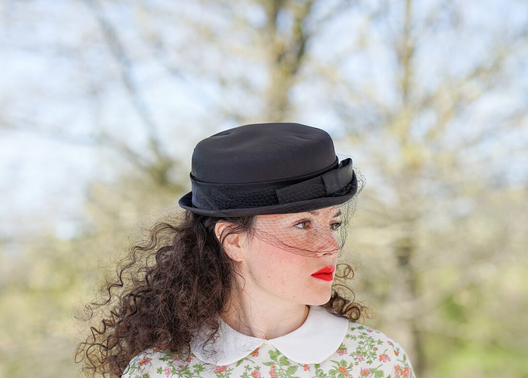 Vintage Women Bowler Hat With Veil, 1950s-1960s Hat, Fedora Hat ...