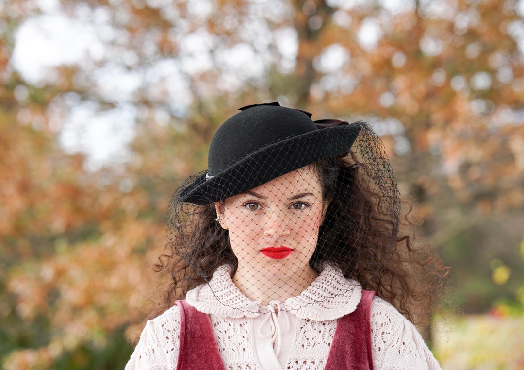 Vintage Wool Felt Women Bowler Hat With Veil, 1950s-60s Hat, Breton Hat ...