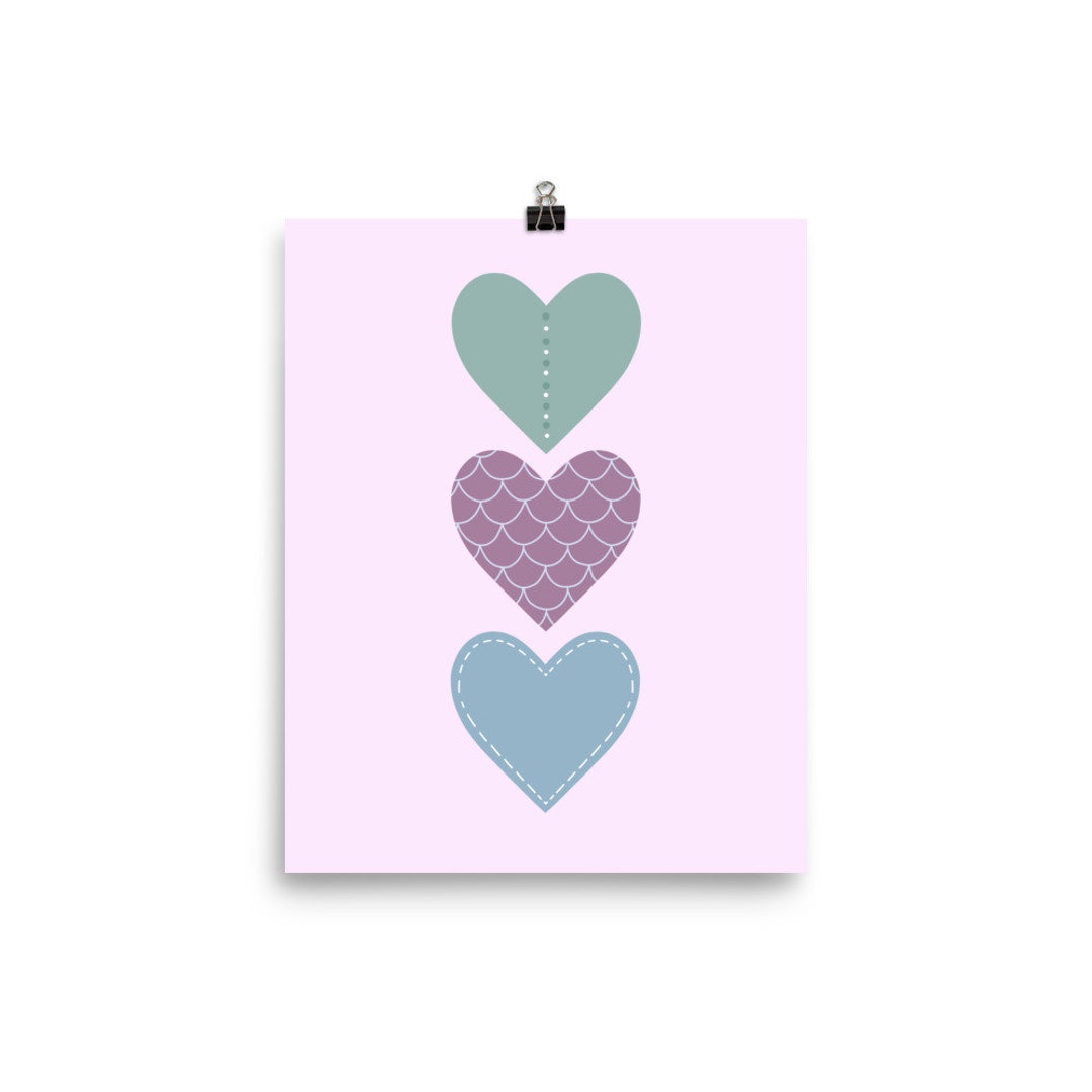 Mermaid Themed Heart Poster, Love Print, Mermaid Hearts Illustration ...