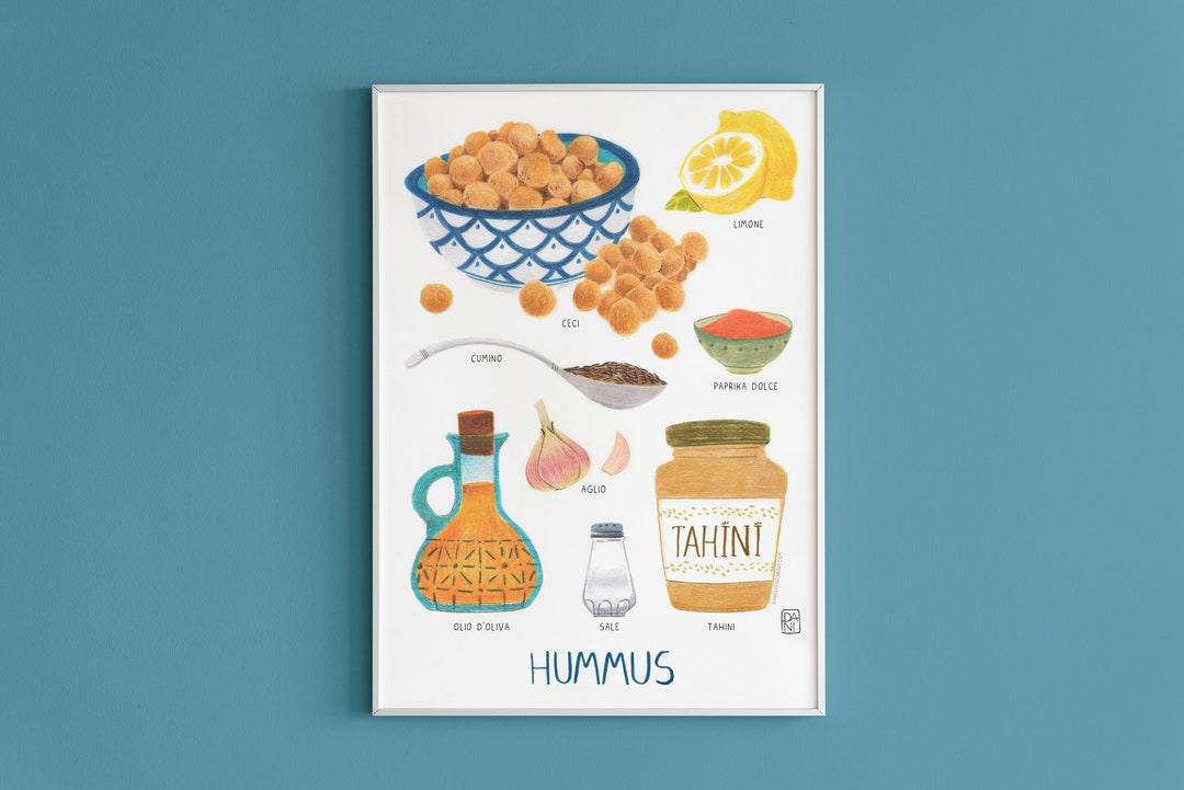 Hummus, Illustrated Print for Kitchen Decor, Recipe Wall Art, Cooking ...