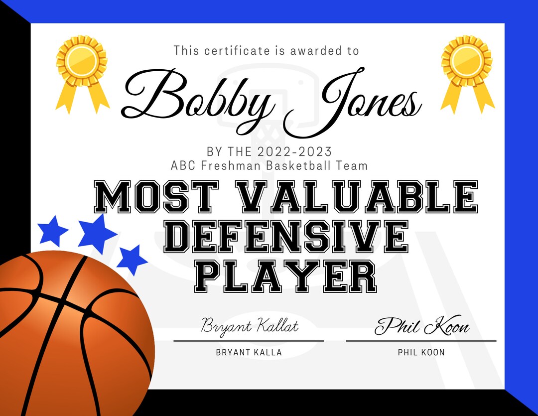 Basketball Award Certificate - Etsy