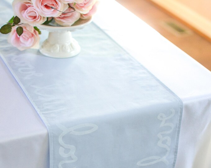 Sky Blue "love" Table Runner, Blue Wedding Table Linens, Anniversary ...