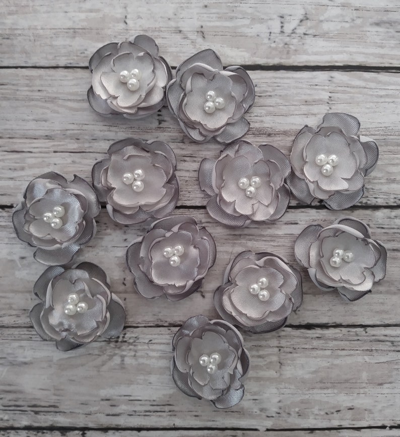 1 Inch Pewter and Silver Colored Satin Flower Embellishments, Gray ...
