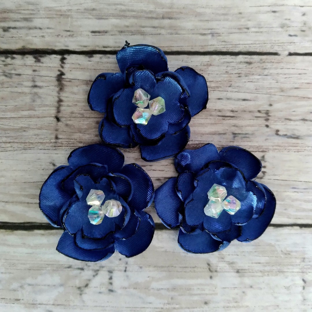 1 Inch Royal Blue Satin Flower Embellishments With Faceted Bead Centers ...